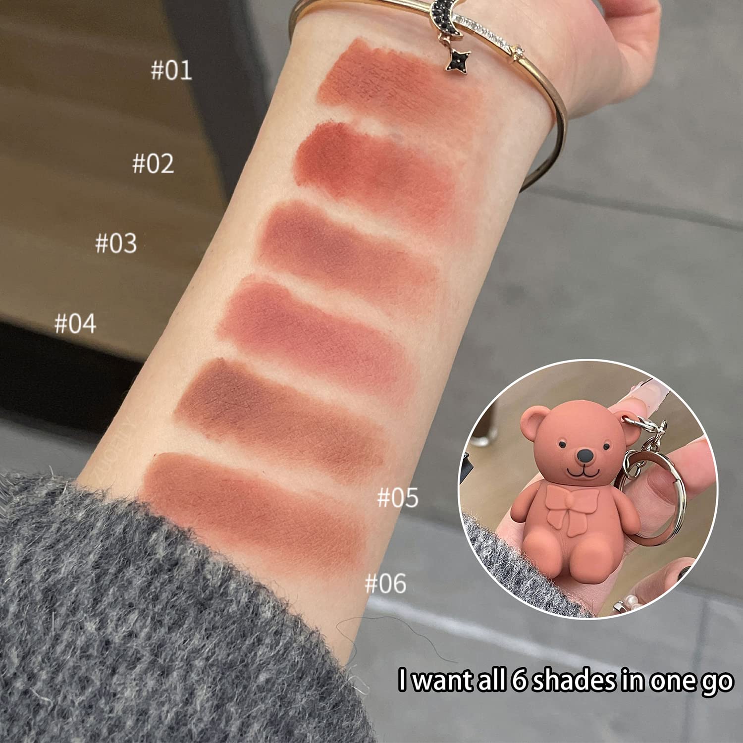 Fanxbox 6 Colors Cute Bear Lipsticks, 2 in 1 Key Chain Bear Lipstick, Matte Lipstick, Lip Plumper Makeup Set Kit, Velvet Waterproof Lip Makeup Gift Sets