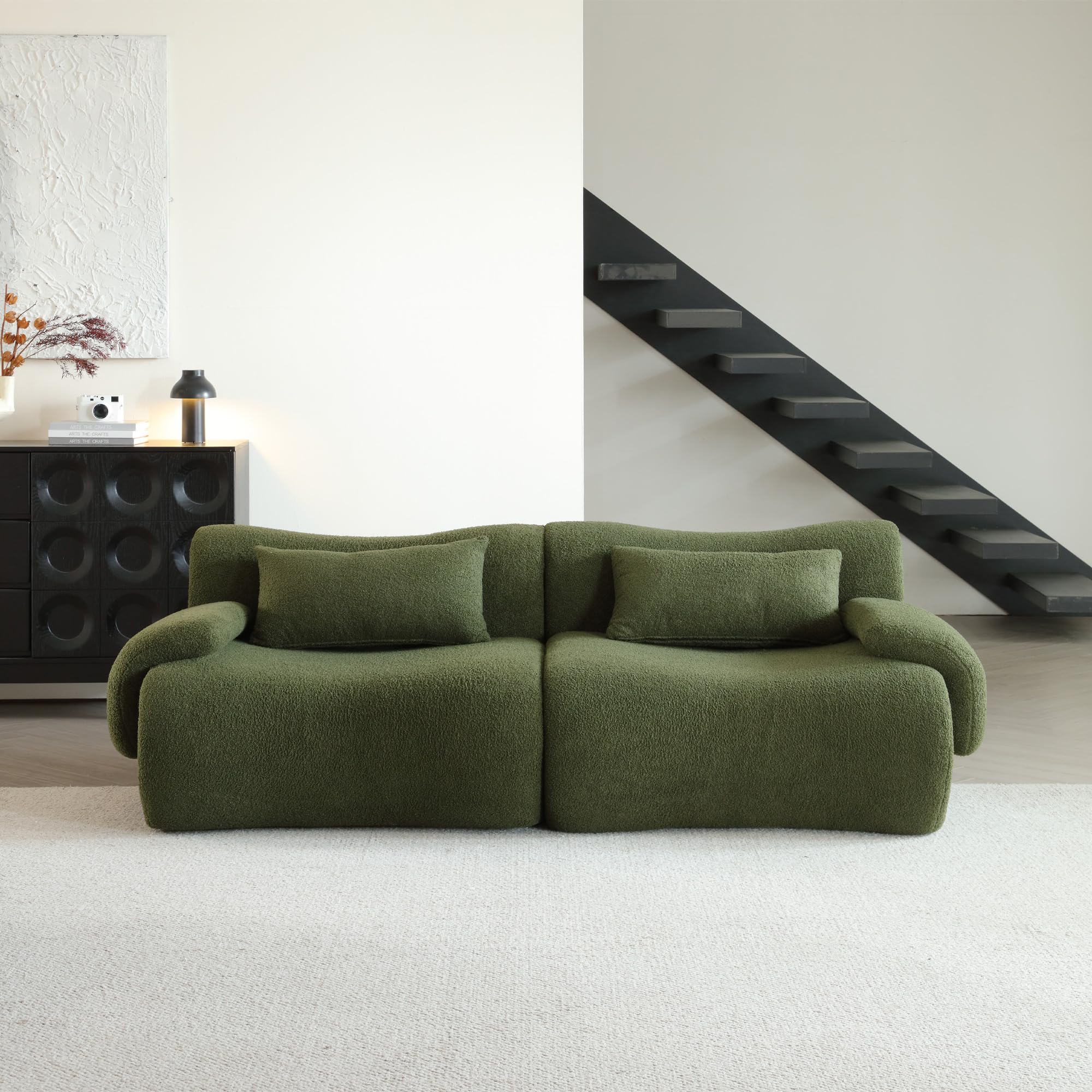Rubikliss Deep Seat Sectional Sofa,78" Comfy Cloud Loveseat Sofa with Boucle Fabric, Oversized Sectional Couches with 2 Pillows for Living Room Bedroom Apartment Office, No Installation, Green