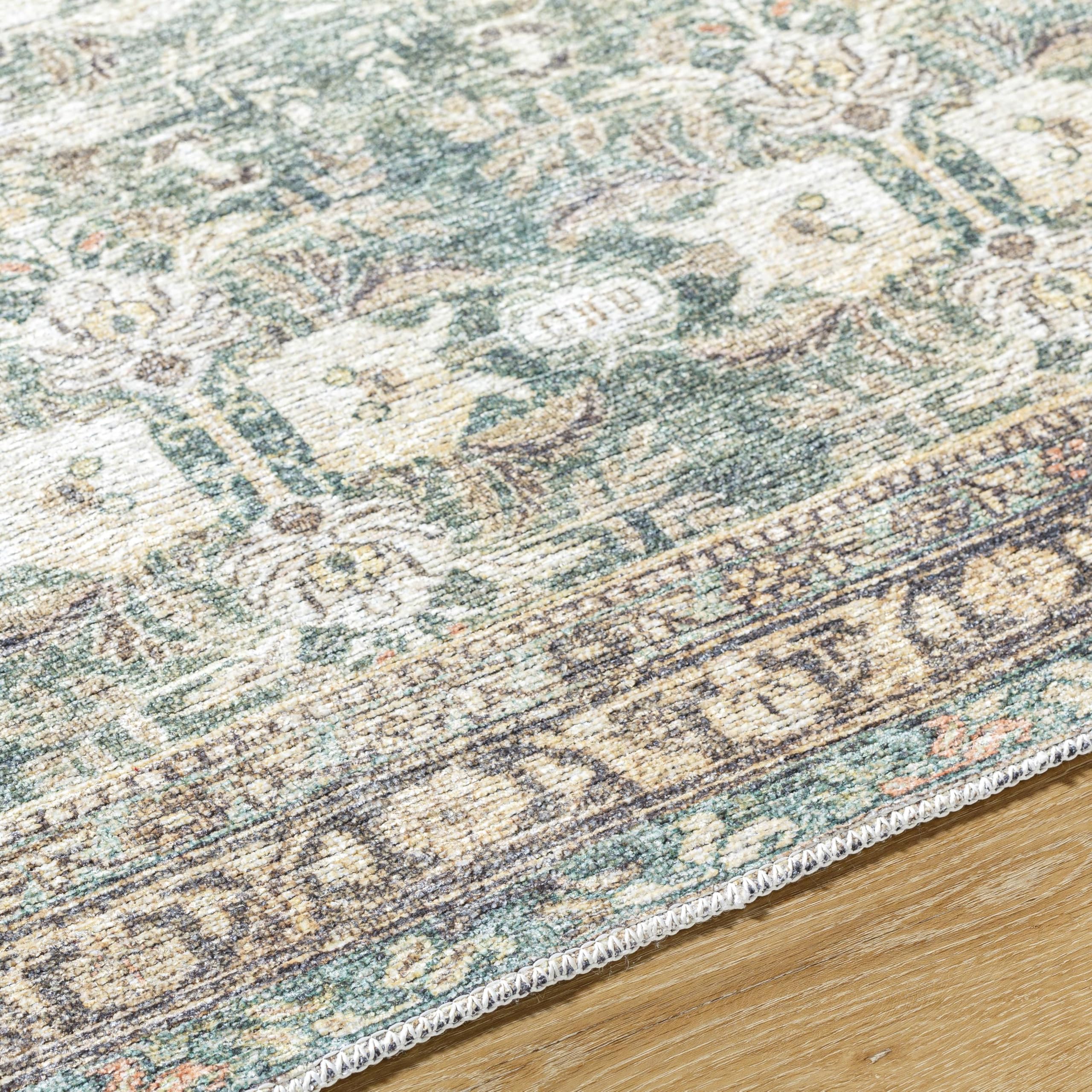Mark&Day Washable Rugs, 9x12 Marqus Traditional Emerald/Light Silver Area Rug, Green Grey Cream Carpet for Living Room, Bedroom or Kitchen (8'10" x 12', Machine Washable)