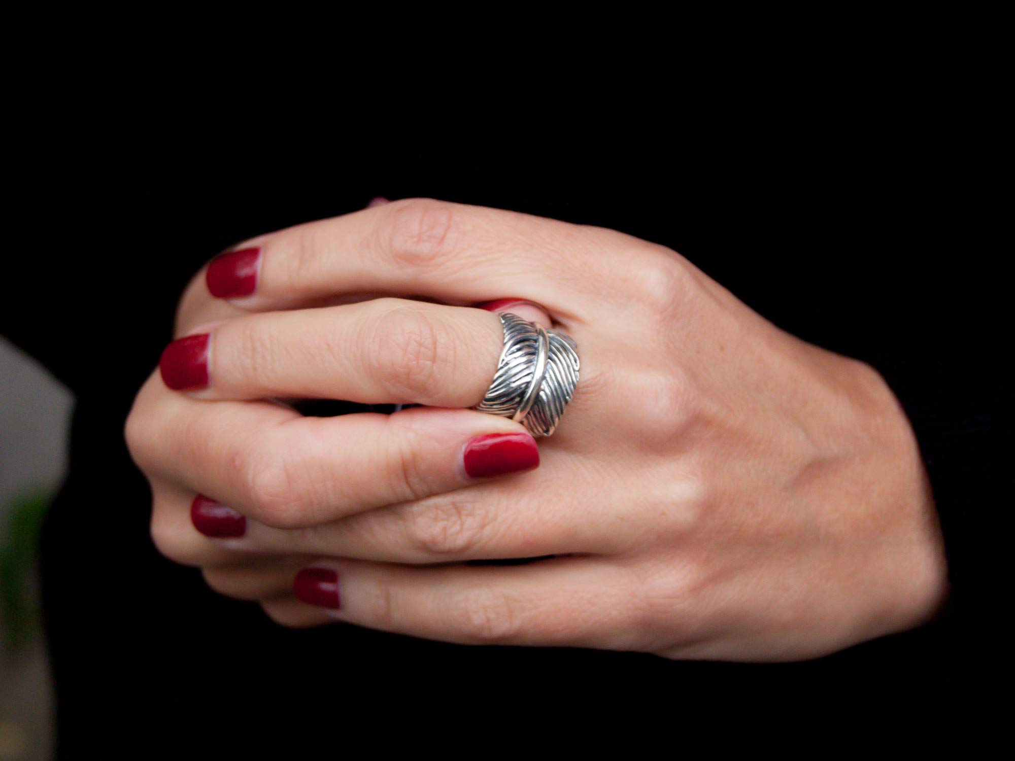 Feather Wrap Band Ring Solid Sterling Silver 925 Wide Unisex Adjustable Resizable Leaf Rings Boho Hippie Yoga Style Fashion Jewelry for Women Men (9.5)