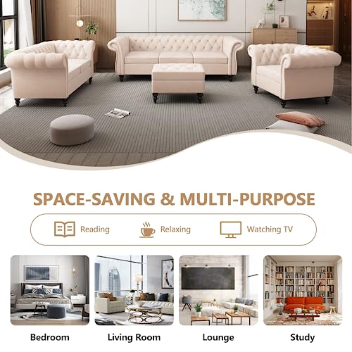 QHITTY Accent Sofa, Chesterfield Loveseat Modern Velvet Couch Upholstered Sofa with Tufted Back for Living Room Furniture (Beige)