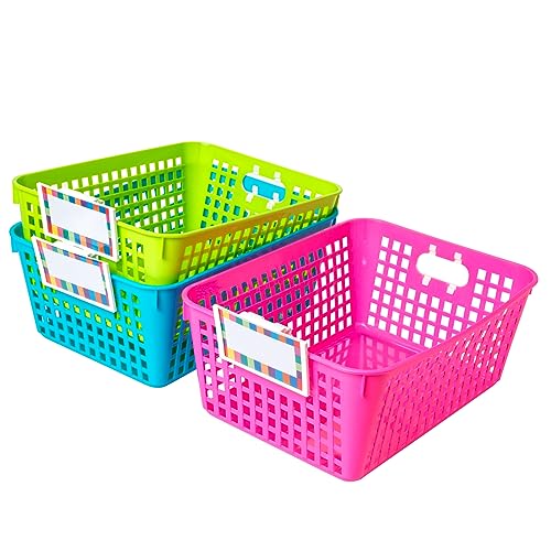 Really Good Stuff Large Plastic Book Baskets, 13?" by 10" by 5?" - Single, Pink| Classroom Library Organizer, Toy Storage, Multi-Purpose Organizer Basket