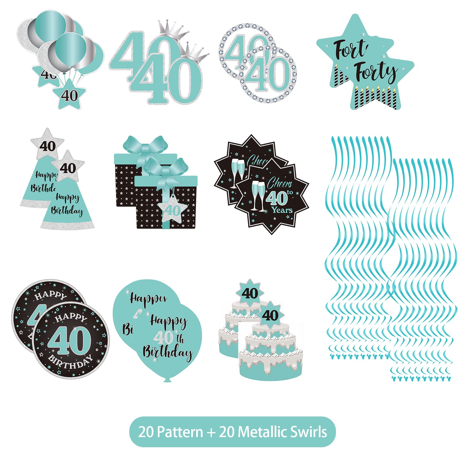 Happy 40th Birthday Party Hanging Swirls Streams Ceiling Decorations, Celebration 40th Foil Hanging Swirls with Cutouts for 40 Years Teal Silver Black Blue Birthday Party Decorations Supplies