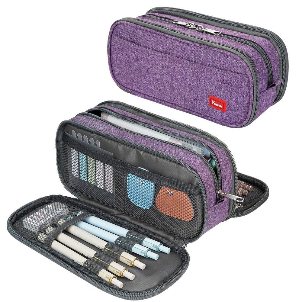 Vnieetsr Large Pencil Case Big Capacity Pencil Bag Large Storage Pouch 3 Compartments Desk Organizer Marker Pen Case Simple Stationery Bag Pencil Holder (Purple)