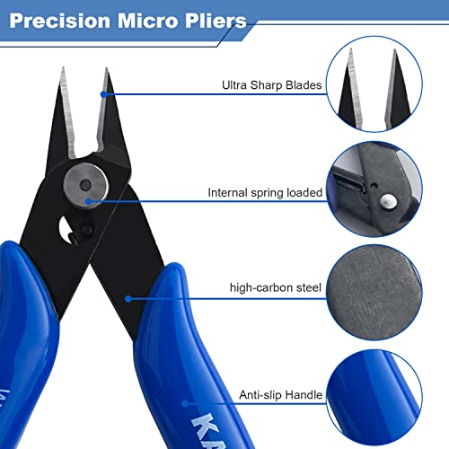KAIHAOWIN Micro Wire Cutters with Spring, 5 Pack, 5 inch Precision Mini Flush Cutters Bulk, Nippers, Flush Cutting Pliers, Wire Snips, Small Side Cutters for Electronics Crafts Jewelry-Blue