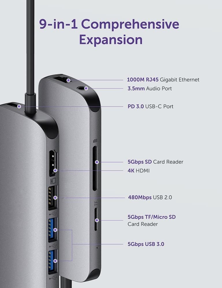 USB C Hub-9 in 1 Portable Space Aluminum Dongle with 4K HDMI, 100W PD Charging, Card Reader, 1000Mbps Ethernet Port for MacBook Air/Pro and More