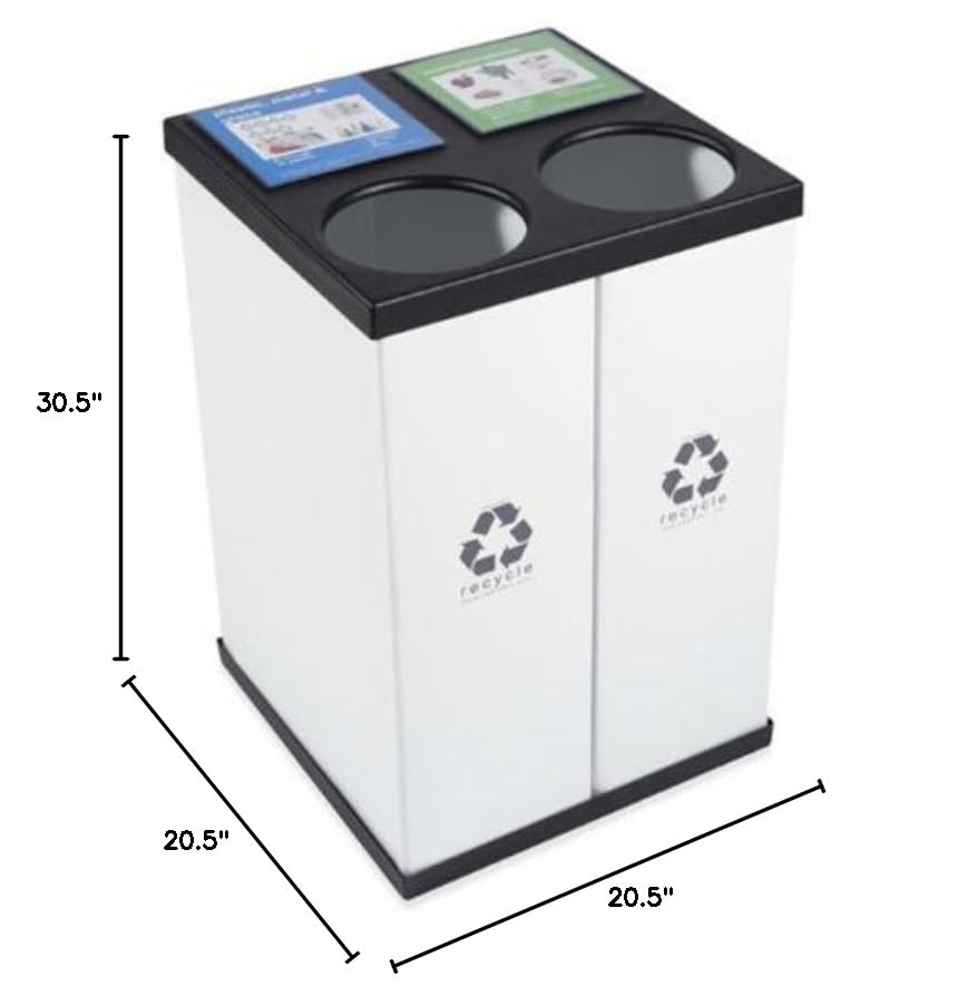 RecycleBoxBin Double Recycling Bin - Large Capacity (25 gal. per bin), All Plastic Construction, Light-Weight, with Changeable Label System