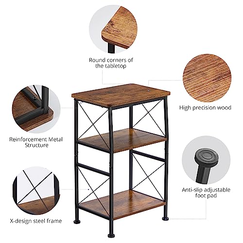 ruboka 3-Tier Small End Table, Small Side Table with Storage Shelf, Small Bookshelf with Metal Frame for Small Spaces, Nightstand, Bookcase, Display Rack for Bedroom, Living Room.
