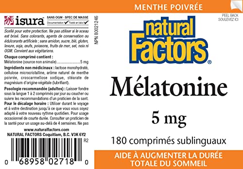 Stress-Relax Melatonin 5 mg by Natural Factors, Natural Sleep Aid, Resets the Sleep-Wake Cycle, 180 chewable tablets (180 servings), Peppermint Flavor