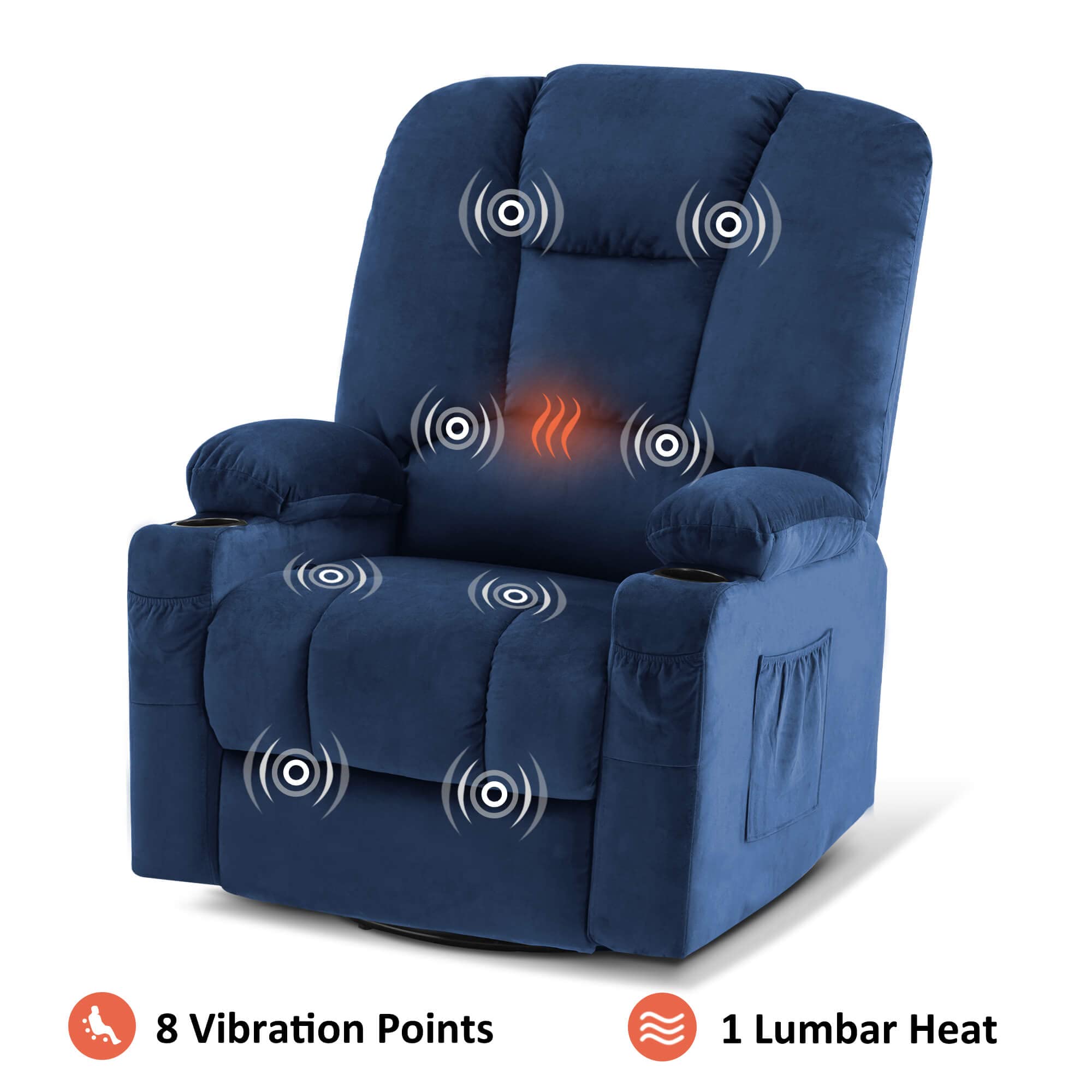 MCombo Manual Swivel Glider Rocker Recliner Chair with Heat and Massage, USB Ports, Cup Holders and Pockets, Fabric 6381 (Blue)