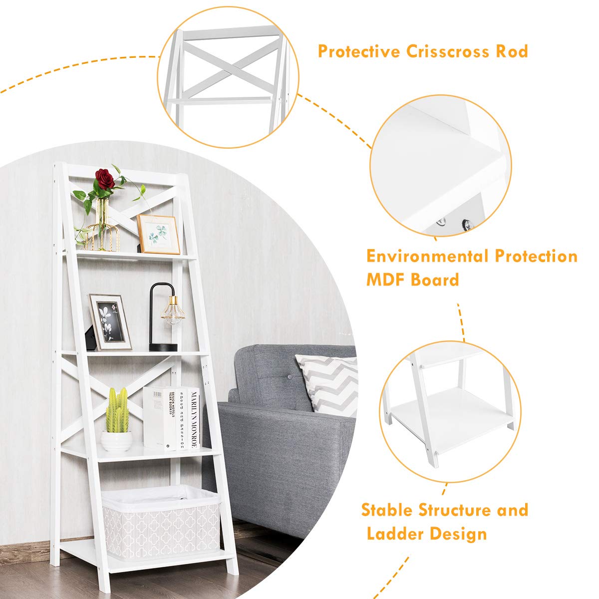 Tangkula 4-Tier Ladder Shelf Bookcase Leaning Free Standing Wooden Frame Decor Bookshelf Storage Flower Shelf Plant Display Shelf for Home Office (White, 1)