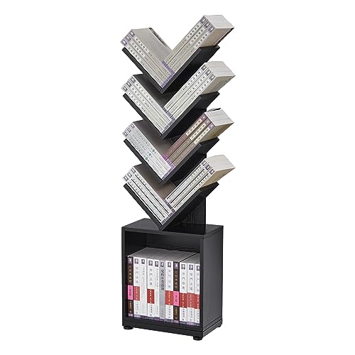 ruboka 5-Shelf Tree Bookshelf with Storage, 37.9-Inch Retro Floor Standing Bookcase Display for CDs/Magazine/Books, Small Bookshelf for Bedroom, Living Room, Office, Black Storage Shelves DESK56B