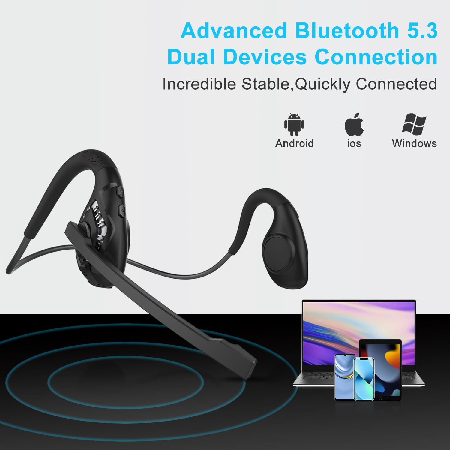 iDIGMALL Latest Bluetooth 5.3 Headset w/ CVC8.0 Noise Cancel Mic Boom, Open-Ear Air Conduction Wireless Stereo Headphones, All Day Comfortable Fit for Office Riding Driving Running Student Learningā¦