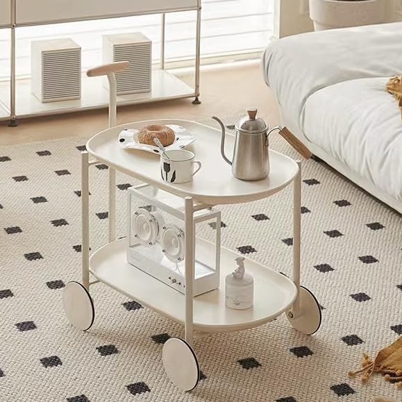 GGW Rolling Cart with Handle, 2-Tier Small Bar Cart, Serving Cart with Wheels, Drink Cart with Steel Frame, Mobile Sofa Side Table with Trays for Home, White