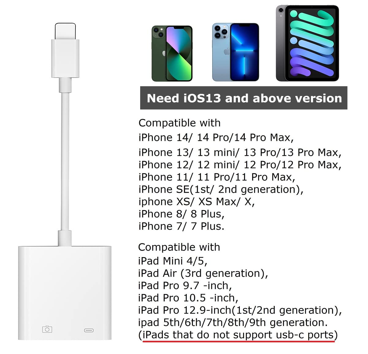 USB Camera Adapter for iPhone, USB A Female OTG Cable Adapter with Charging Port, Portable USB Converter for iPad Support USB Flash Drive, USB Card Reader, Keyboard...(Plug and Play)