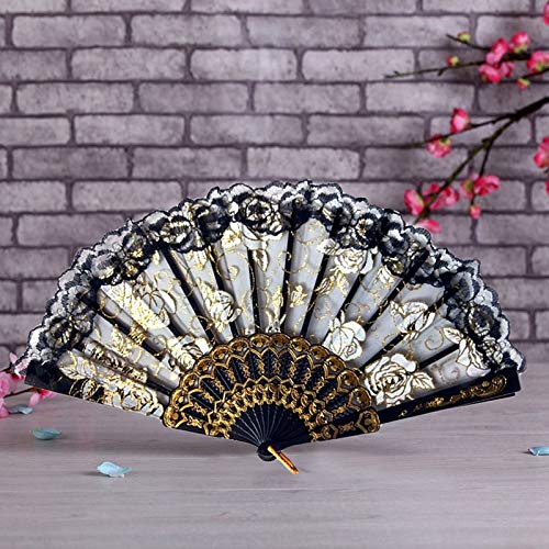 Folding Fan Rose Flower Lace Fans Chinese Style Dance Wedding Party Bridal Hand Fan Folding Fan Decoration (Color : Light Grey)