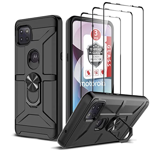 Motorola One 5G Ace Case with [3X Tempered Glass Screen Protector], Built-in Ring Kickstand and Magnetic Car Mount Shockproof Dropproof Military Grade Armor Rugged Case for Moto One 5G Ace - Black