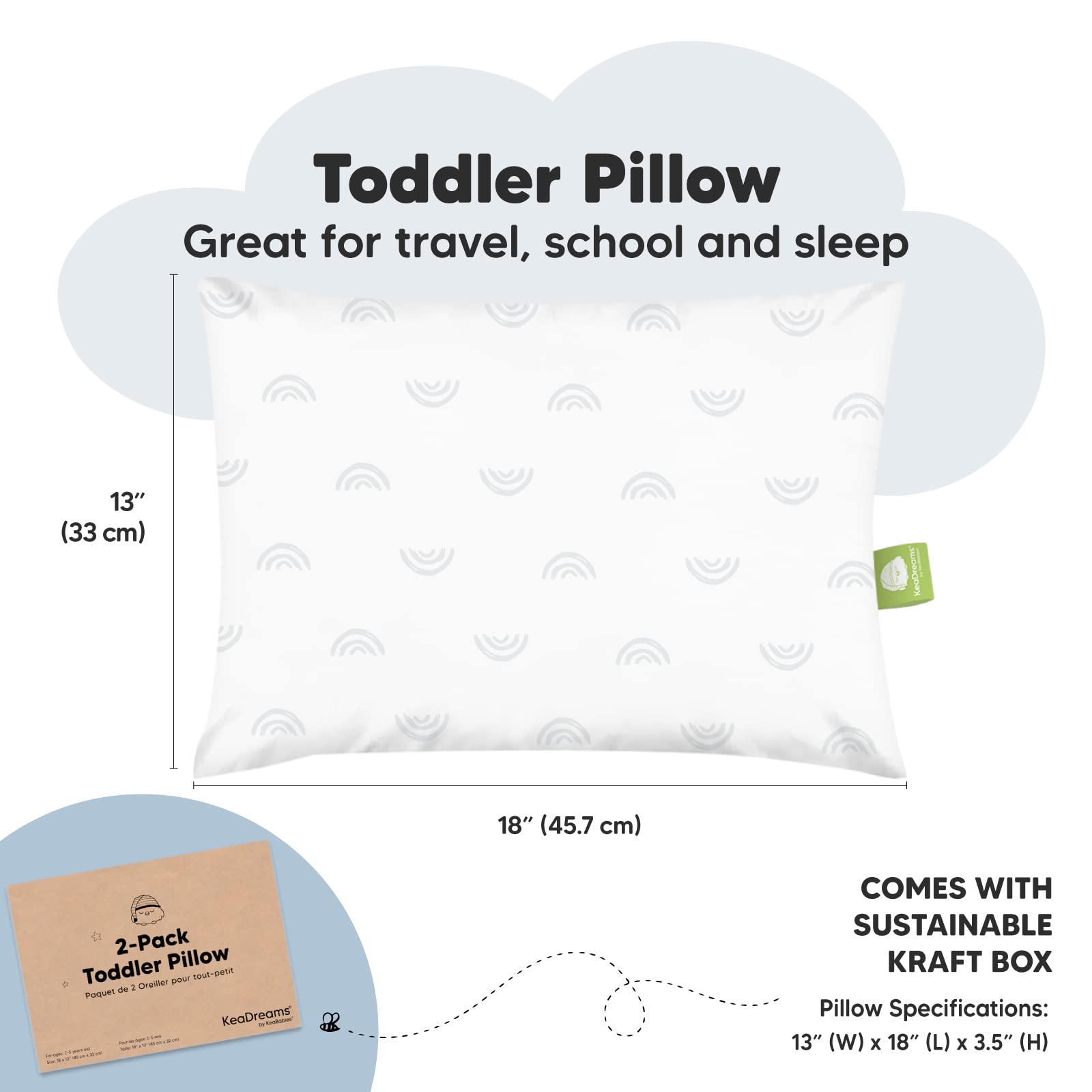 KeaBabies 2-Pack Toddler Pillow and Toddler Pillowcase for 13X18 Pillow - Soft Organic Cotton Toddler Pillows for Sleeping - Organic Toddler Pillow Case for Boy, Kids