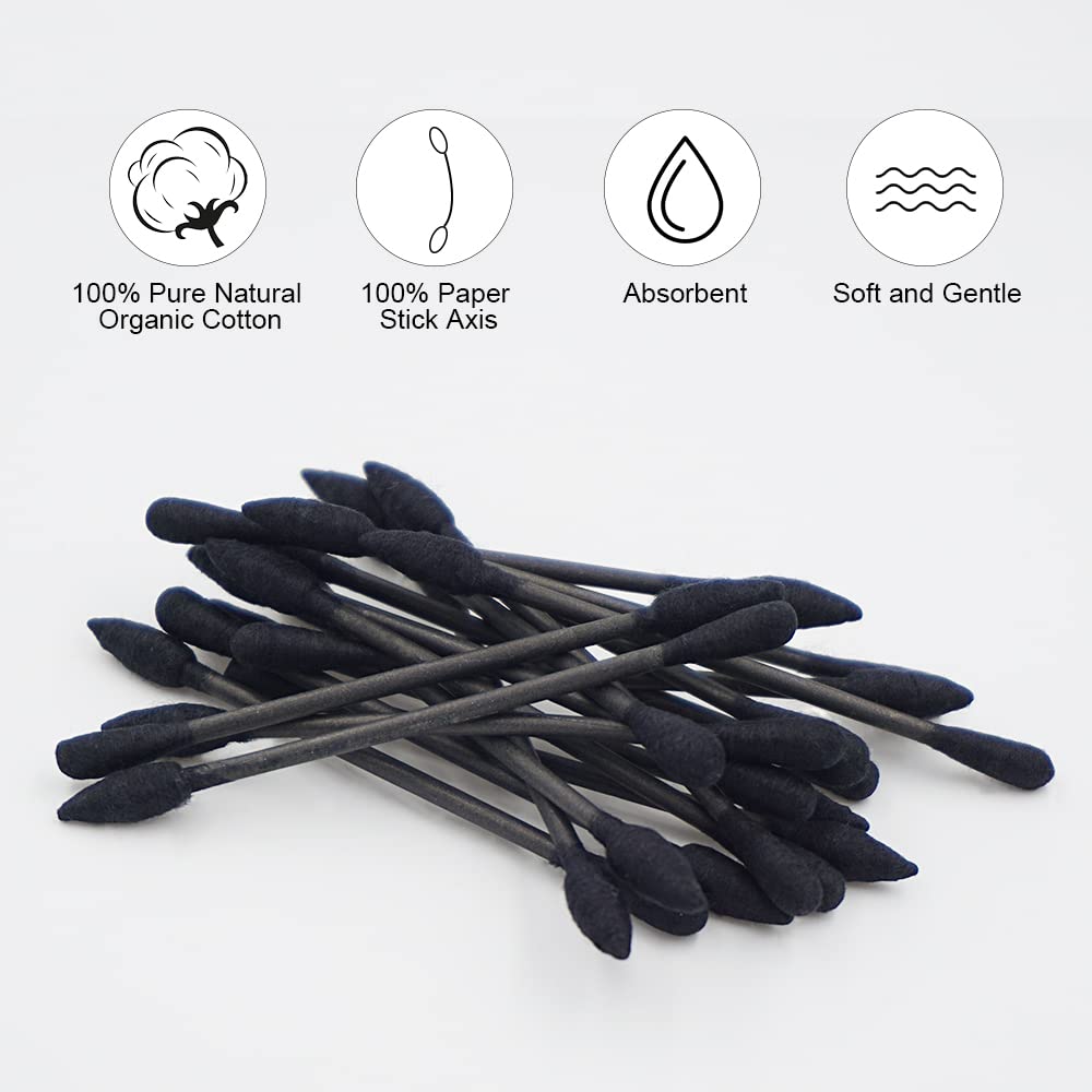 HOMEFOX Black Cotton Swabs Precision Pointed - 200 Count Organic Pointy Pointed Cotton Buds Double Side Tightly Wrapped Charcoal Cotton Tip Paper Stick Soft Gentle Cruelty-Free, Pointy & Round (Black)