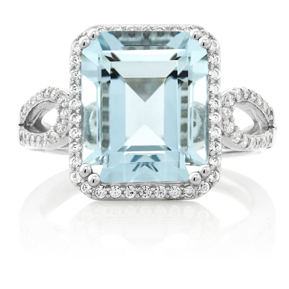 Gem Stone King 925 Sterling Silver Simulated Aquamarine Ring For Women (5.00 Cttw, Emerald Cut 12X10MM, Available In Size 5,6,7,8,9)
