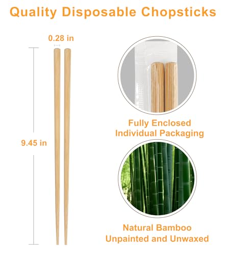 LOROTOCO 50 Pairs Chopsticks Disposable Reusable 9.5" Individually Wrapped Bulk Premium Quality