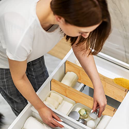 Sawysine 12 Pieces Bamboo Drawer Dividers Adjustable Drawer Organizers 2.4" High 17"-22" Spring Separators Organization Expandable Organizers for Kitchen Bedroom Bathroom Dresser Office