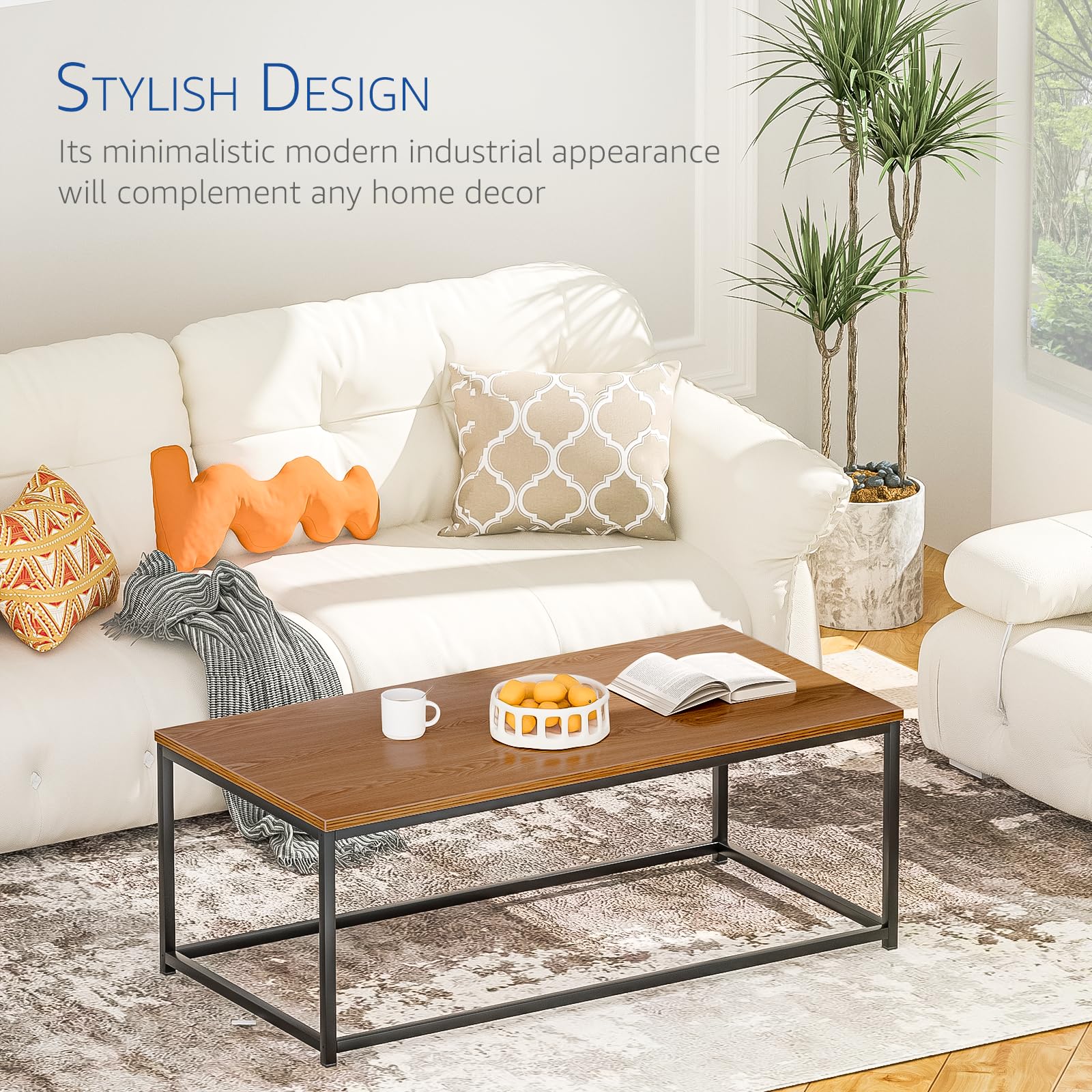 Our Modern Space Modern Industrial Style Rectangular Coffee Table for Living Room, Bedroom - Rustic Accent Minimalistic Furniture with Wood Grain Top & Metal Frame - Center TV Table - Rustic Brown