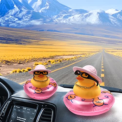 OEFWING 2PC Duck Car Dashboard Decorations Rubber Duck Car Ornaments for Truck Fun Litter Rubber Cool Duck Accessories with Mini Swim Ring Sun Hat Necklace and Sunglasses
