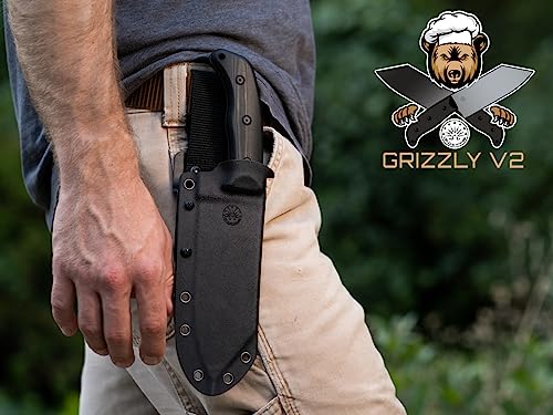 Off-Grid Knives - Grizzly V2 Camp Kitchen Chef Knife with Sandvik 14C28N Stainless Steel, Kydex Sheath and Belt Clip, G10 Scales, Lanyard Opening, Camping, BBQ & Home Kitchen Use (Coyote)