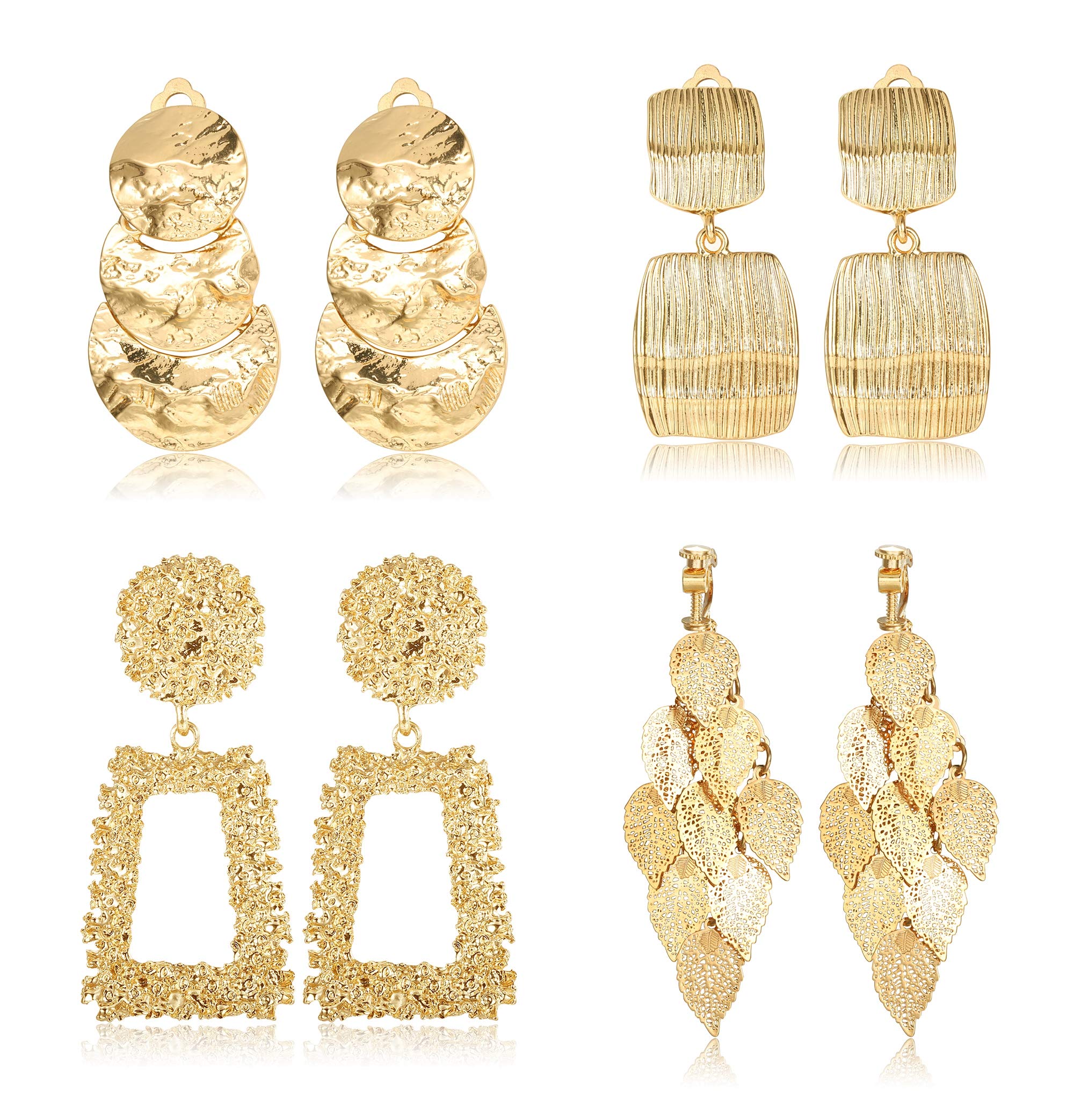 FINREZIO 4-6 Pairs Clip On Drop Earrings Set Leaf Round Trapezoid Square Rectangle Golden Metal Geometric Clipon Earrings-Non Piercing Dangle Earrings