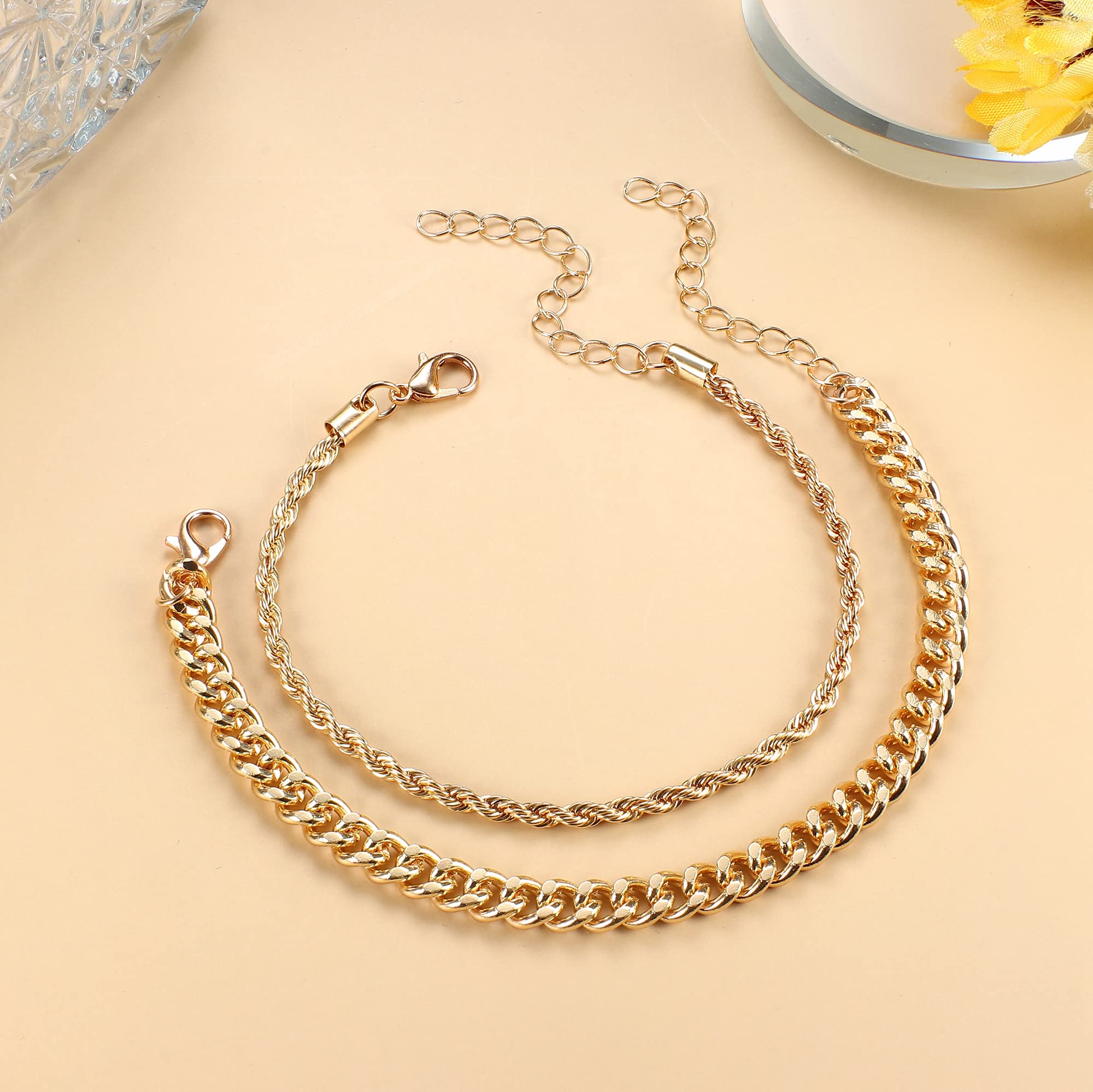 FINREZIO 6PCS Gold Chain Bracelet for Women Paperclip Link Beaded Cuban Bracelet Chunky Cable Chain Bracelet Adjustable Layered Stackable Bracelets Jewelry Style B