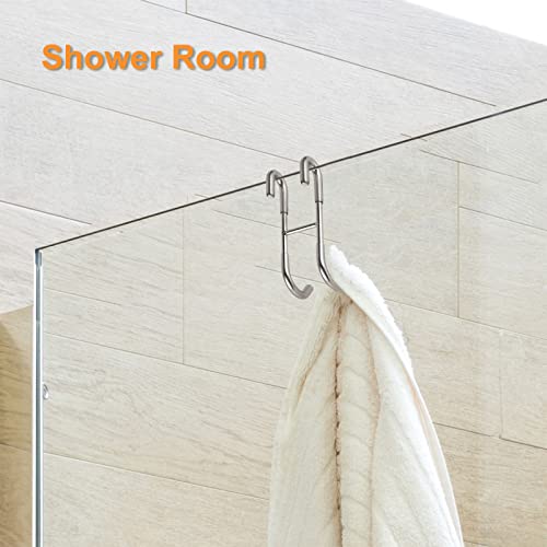 Mros 2 Pack Over Shower Glass Door Hooks,304 Stainless Steel Rack Hooks,Towel Hooks for Bathroom Frameless Glass Shower Door,Kitchen and Wardrobe Hanger,Shower Squeegee Hooks (Silver)