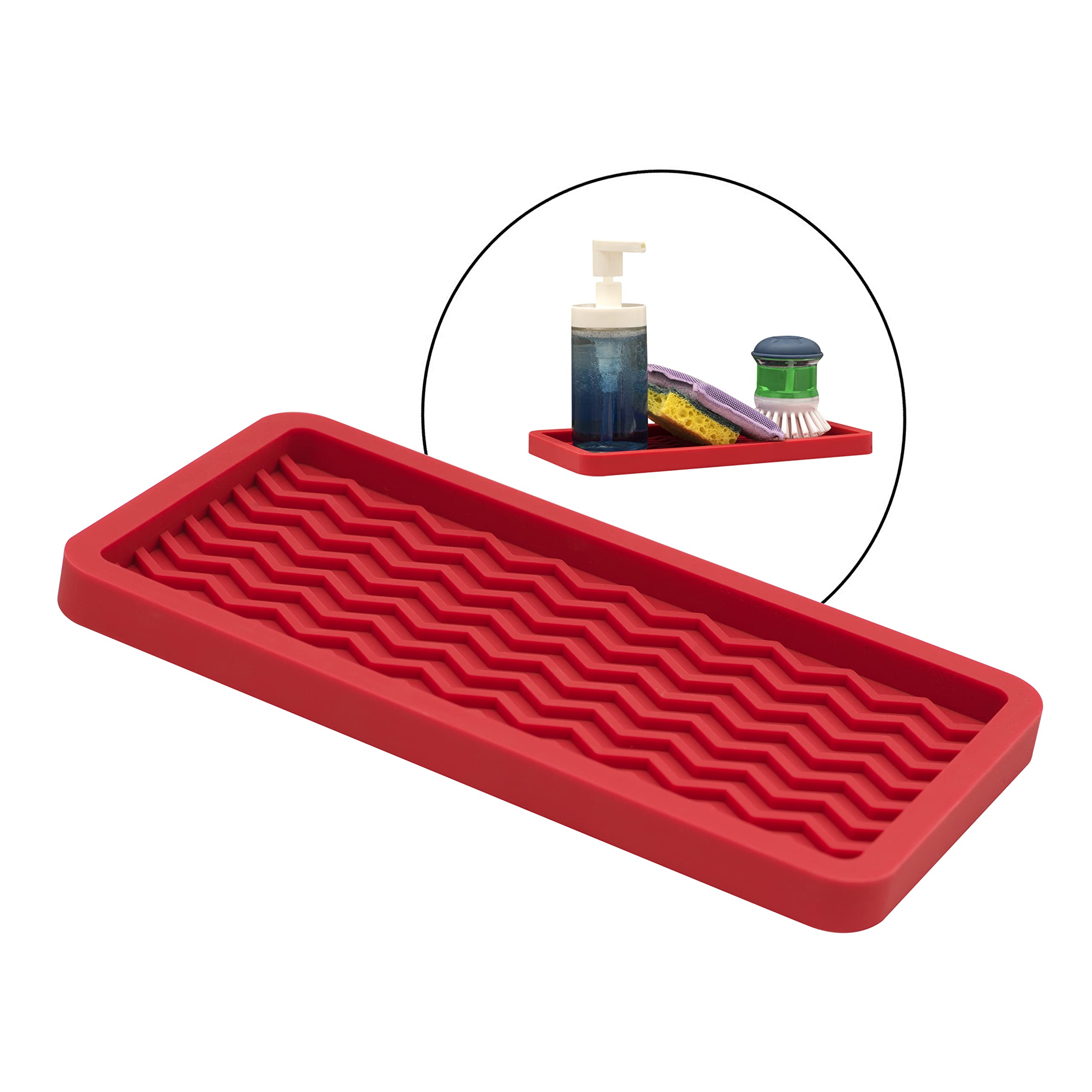 HomeBee Silicone Kitchen Bath Vanity Organizer Tray, Non-Slip Multipurpose Sink Caddy | Dish Sponge, Brush, Soap Dispenser Bottle Holder | Dishwasher Safe Rubber Counter Mat (10 x 5.25 Inch β Red)