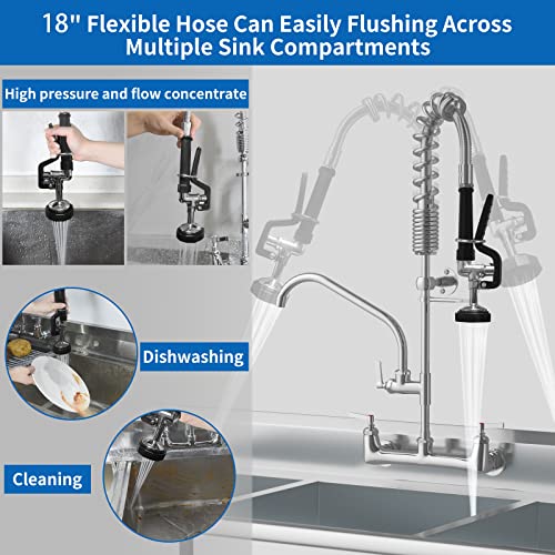 JZBRAIN Commercial Faucet with Sprayer 21" Height Wall Mount Kitchen Sink Faucet Add On Faucet 8" Swing Spout Pre-Rinse Sprayer 8 inch Center for 1 or 2 Compartment Sink
