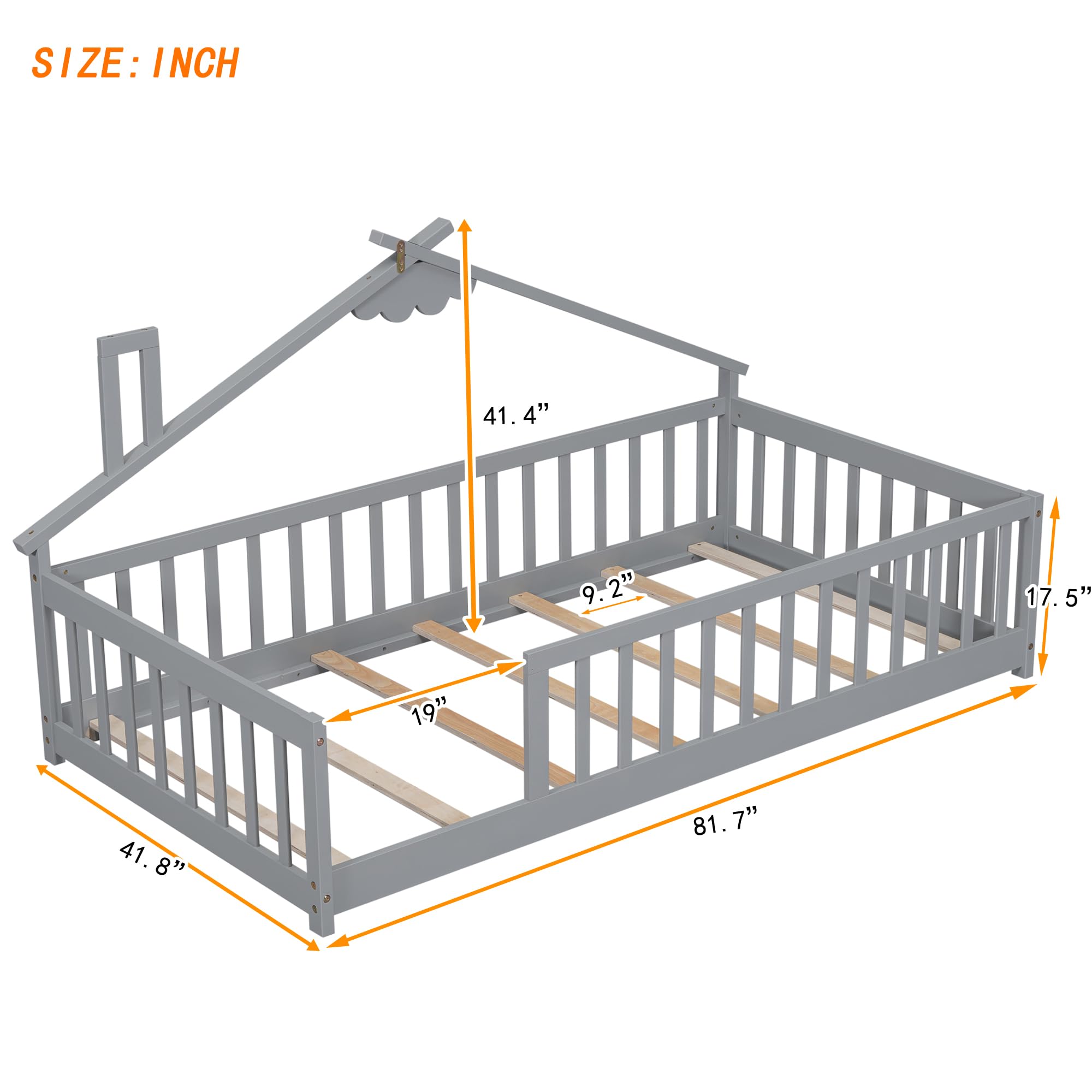 LostCat Twin Size Floor Bed with House-Shaped Bedside Design, Montessori Bed with Guardrails for Kids Boys Girls, Wood Slat Support, No Box Spring Needed, Grey
