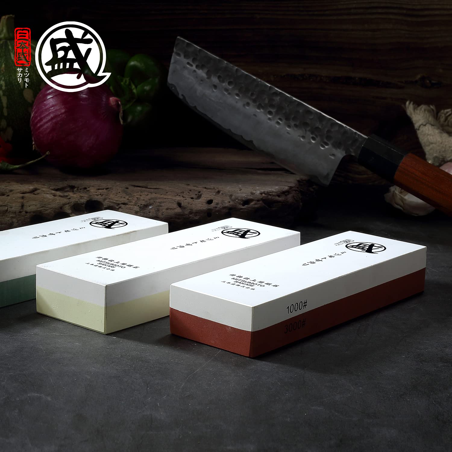 MITSUMOTO SAKARI Japanese Knife Sharpening Stone, Professional Kitchen 1000/3000 Grit Knife Sharpener Stone, Anti-Slip Bamboo Seat Sharpener Whetstone