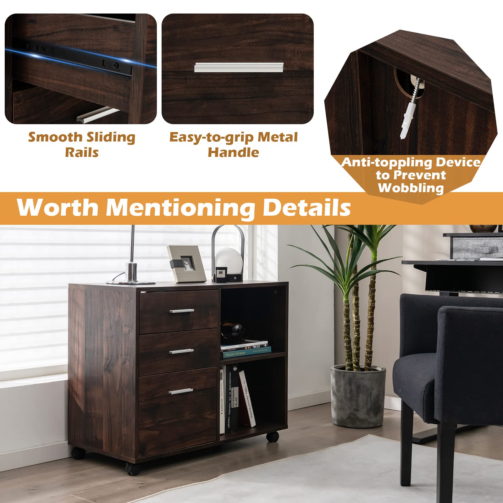 Giantex 3-Drawer Lateral File Cabinet - Mobile Rolling Printer Stand with 2 Open Storage Shelves, Hanging Bar for Letter Size Files, Filing Cabinet Under Desk on Wheels for Home & Office Organization