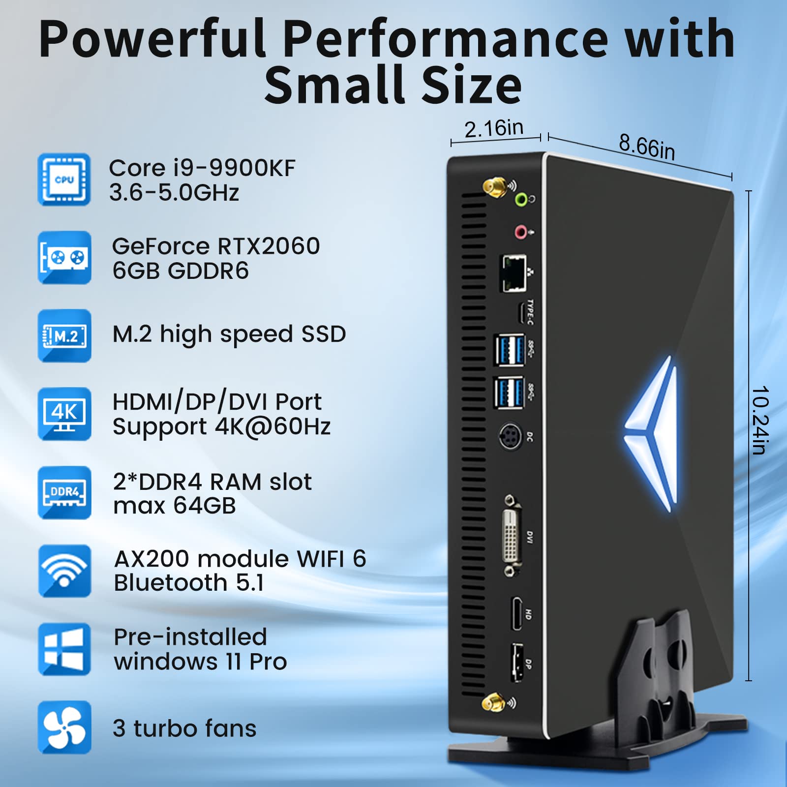 Kinupute Mini Computers, Desktop PC Core i9-9900KF 3.6-5.0GHz, Windows 11 Pro, 64G DDR4| 1T NVME SSD, GeForce RTX2060 6G, 4K/8K@60Hz, HDMI/DP/DVI Port, USB-C, BT5.1/WiFi6 for Gaming/Office/Design