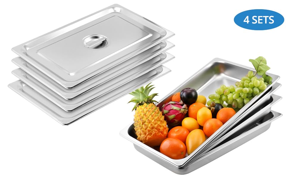 QWORK Stainless Steel Half Size 1/2 Chafing Dish Pan Set, 4 Pack 2.5" Deep 0.03" Thick 3.9L Heat-Resistant Pans with Lids, Steam Table Pans for Catering & Food Service