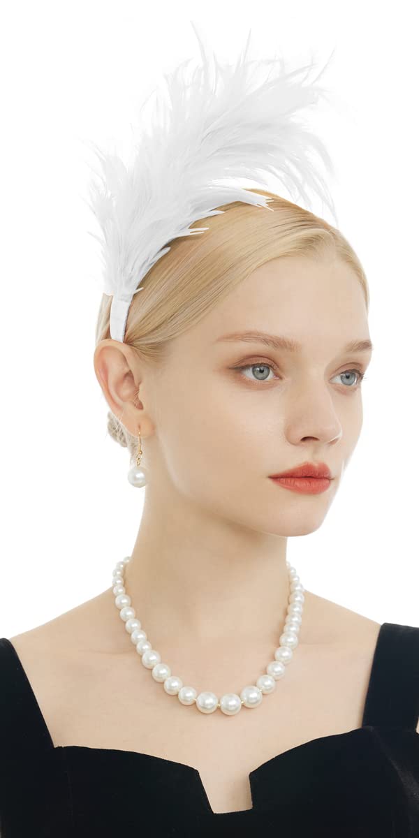 FELIZHOUSE 1920s Fascinator with Feathers Headband for Women Wedding Tea Party Headwear (White)