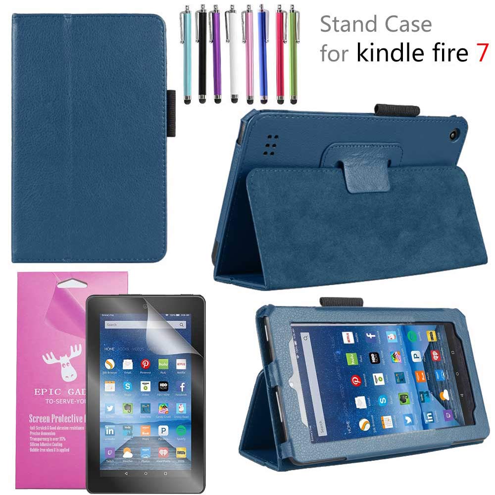 EpicGadget 2019/2017 Amazon Fire 7 Case, Smart Cover Case for Fire 7 Premium PU Leather Folding Folio Stand Case for Fire 7 inch (2019/2017 Release) + 1 Screen Protector and 1 Stylus (Navy Blue)