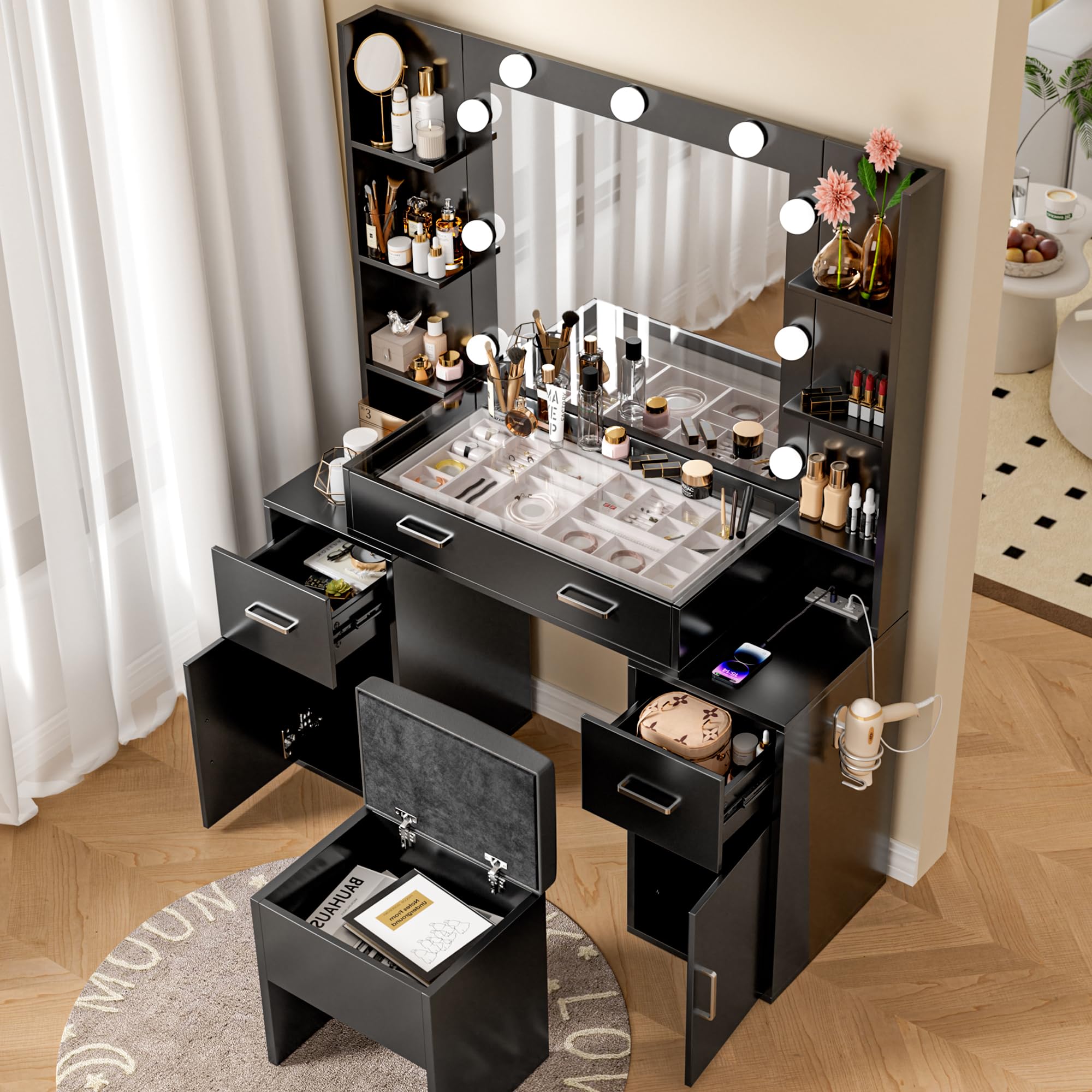 Makeup Vanity Desk with Lights, Glass Top Vanity with Charging Station, Vanity Mirror with 9 LED Lights Desk, Nightstand, Vanity Set with Storage Bench, 3 Lighting Modes Brightness Adjustable, White