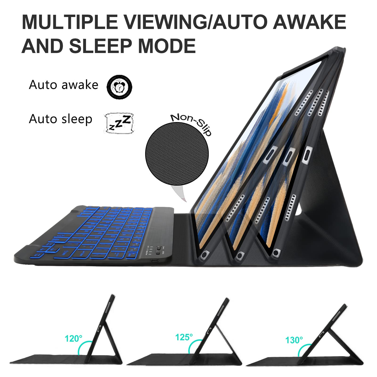 KVAGO Backlit Keyboard Case for Samsung Galaxy Tab A8 10.5 2022-7 Colors Backlight - Smart Folio Case with Detachable Wireless Keyboard for Galaxy Tab A8 10.5" SM-X200/X205/X207, Black