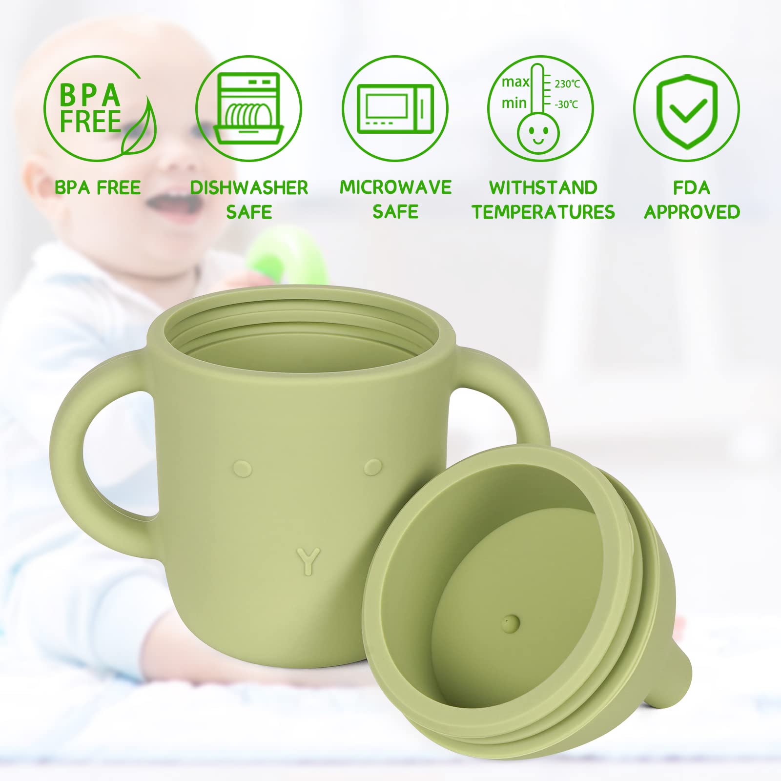 Leeleelon Silicone Sippy Cups For Babies |Training Cup for Babies |Two Handle Learner Cup for Toddlers| 6 months+| 2 Pack, 5oz,Cute Face(Green Bean & Light Grey)