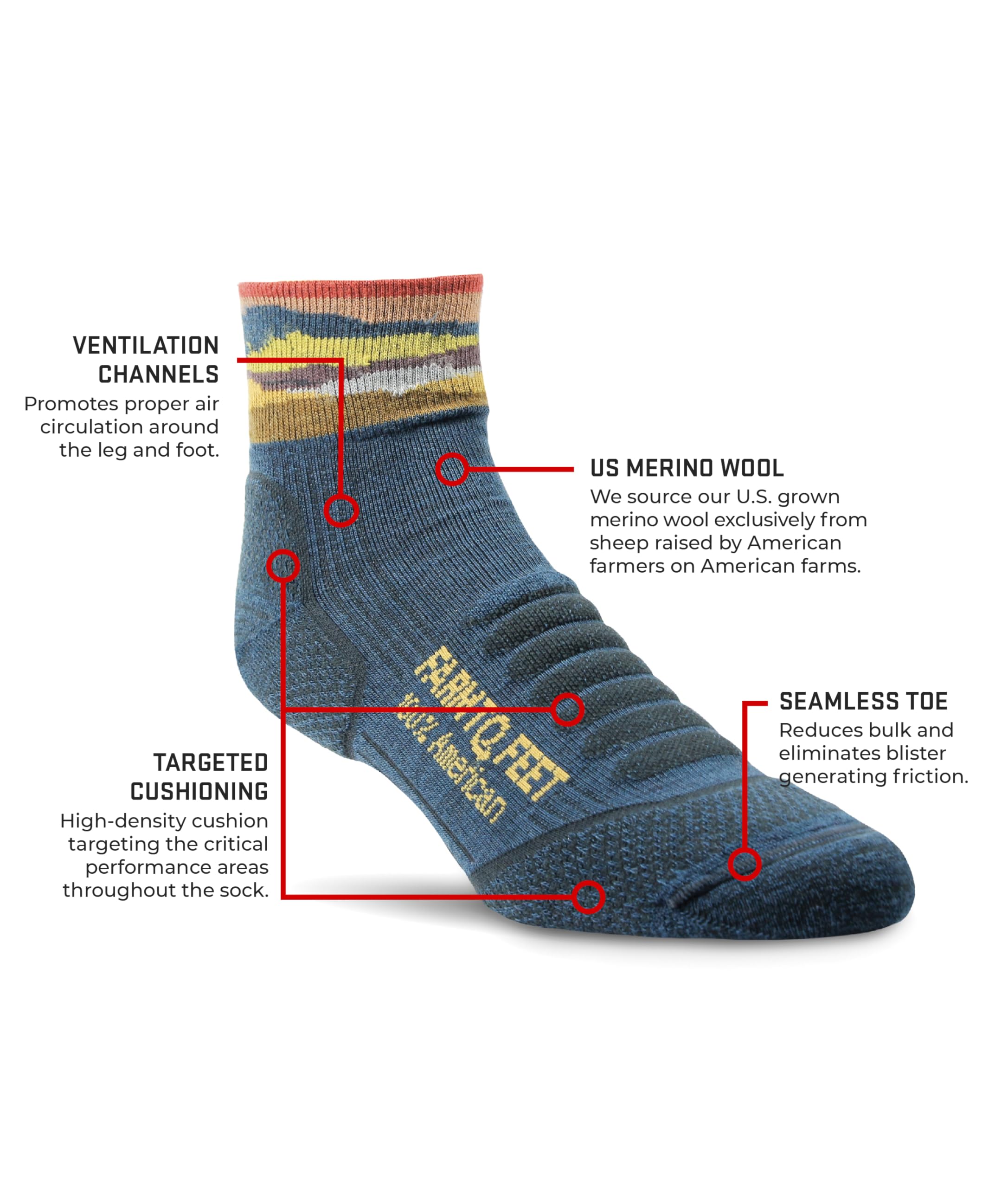 Farm to Feet Max Patch Light Cushion Technical 1/4 Crew Merino Wool Socks (Large, Denim Blue Heather)