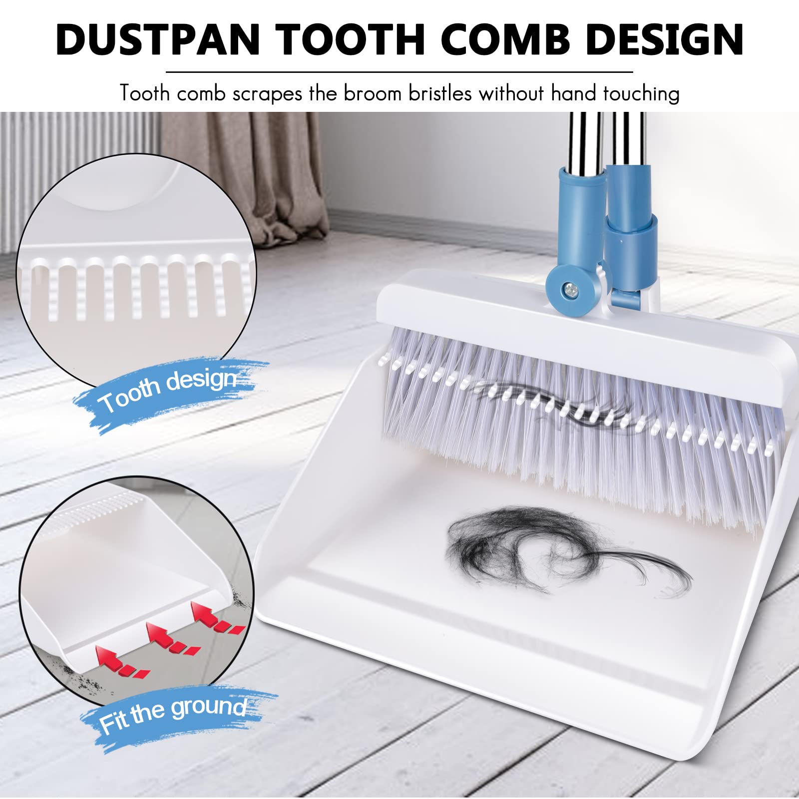 Kphico Broom and Dustpan Set with Upgrade 53" Long Handle&Floor Squeegee and Looped-End String Wet Mop with 2 String Mop Heads,for Laminate,Hardwood,Ceramic,Marble Floor Cleaning