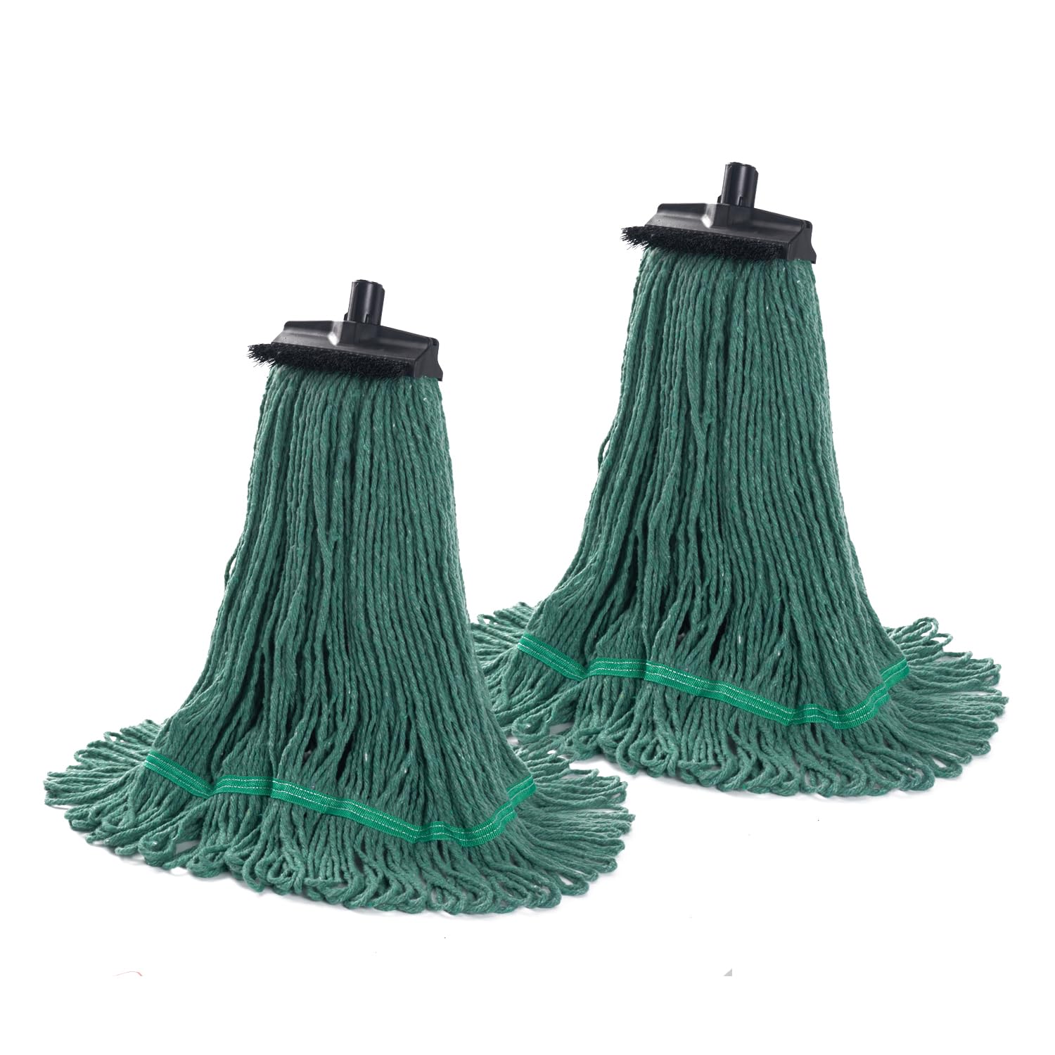Matthew Large Heavy Duty Mop Head Commercial Replacement for General and Floor Cleaning, Screw-on Wet Industrial Cotton Looped End String Head Refill (Green 2Pack) w/Built-in Flexible Bristle Brush
