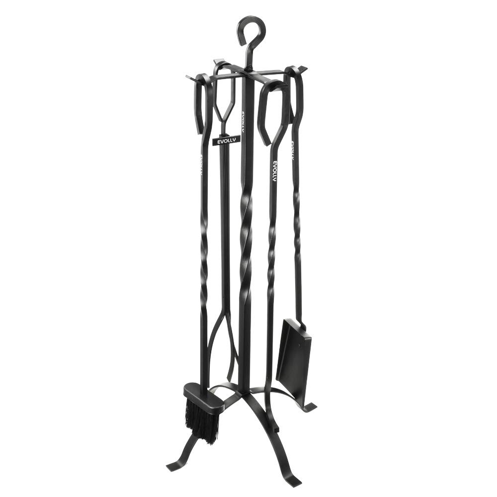 EVOLLY 5 Pieces Fireplace Tools Set 32Inch Heavy Duty Wrought Iron Fire Place Tool Set Fireplace Toolset for Fireplaces, Fire Pits, Hearth Accessories Including Tongs, Shovel, Stand, Poker & Broom