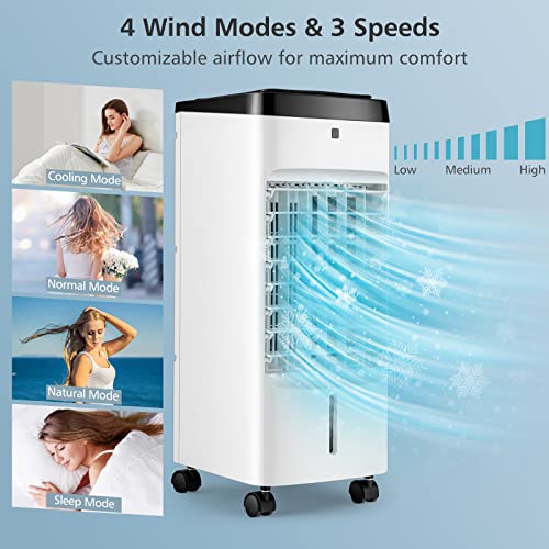 PETSITE Evaporative Air Cooler, Cold Air Cooling Fan with Remote Control, 4 Modes, 3 Speeds, 2 Ice Packs, 12H Timer, Portable Air Conditioner Windowless, Personal Swamp Cooler for Bedroom Home Dorm
