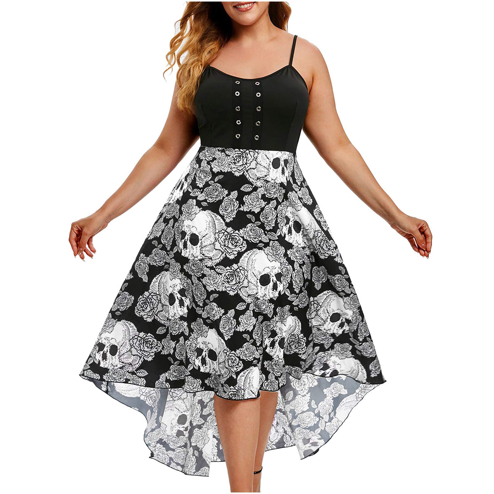 High Waist Sling Dress for Women Patchwork Scoop Neck Floral Skull Printed Swing Dress Black